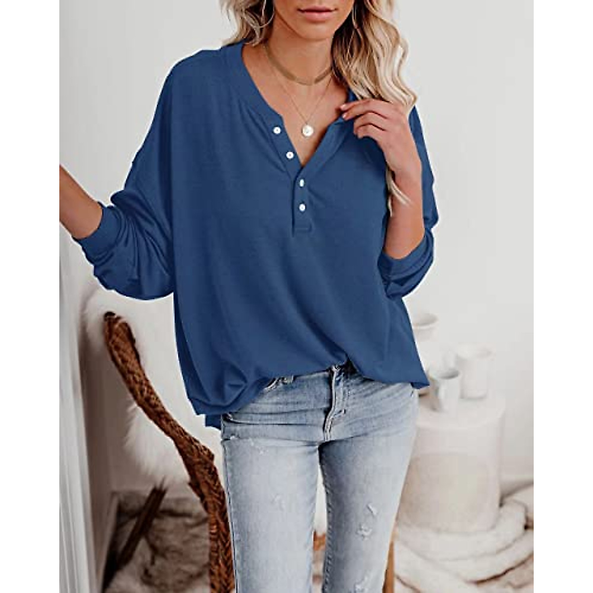 REVETRO Womens V Neck Henley Shirts Long Sleeve Sweatshirts Causal Pullover Button Down Tunic Tops Blue Small