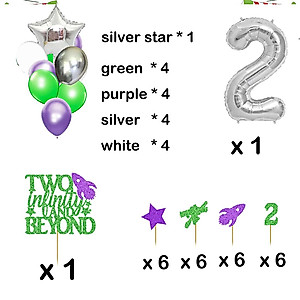 HEETON Two Infinity and Beyond Banner and Buzz Cake Topper Light year Toy Inspired Story 2nd Birthday Balloons Party Supplies Decoration Photo Prop for Girl Boy Baby Bday