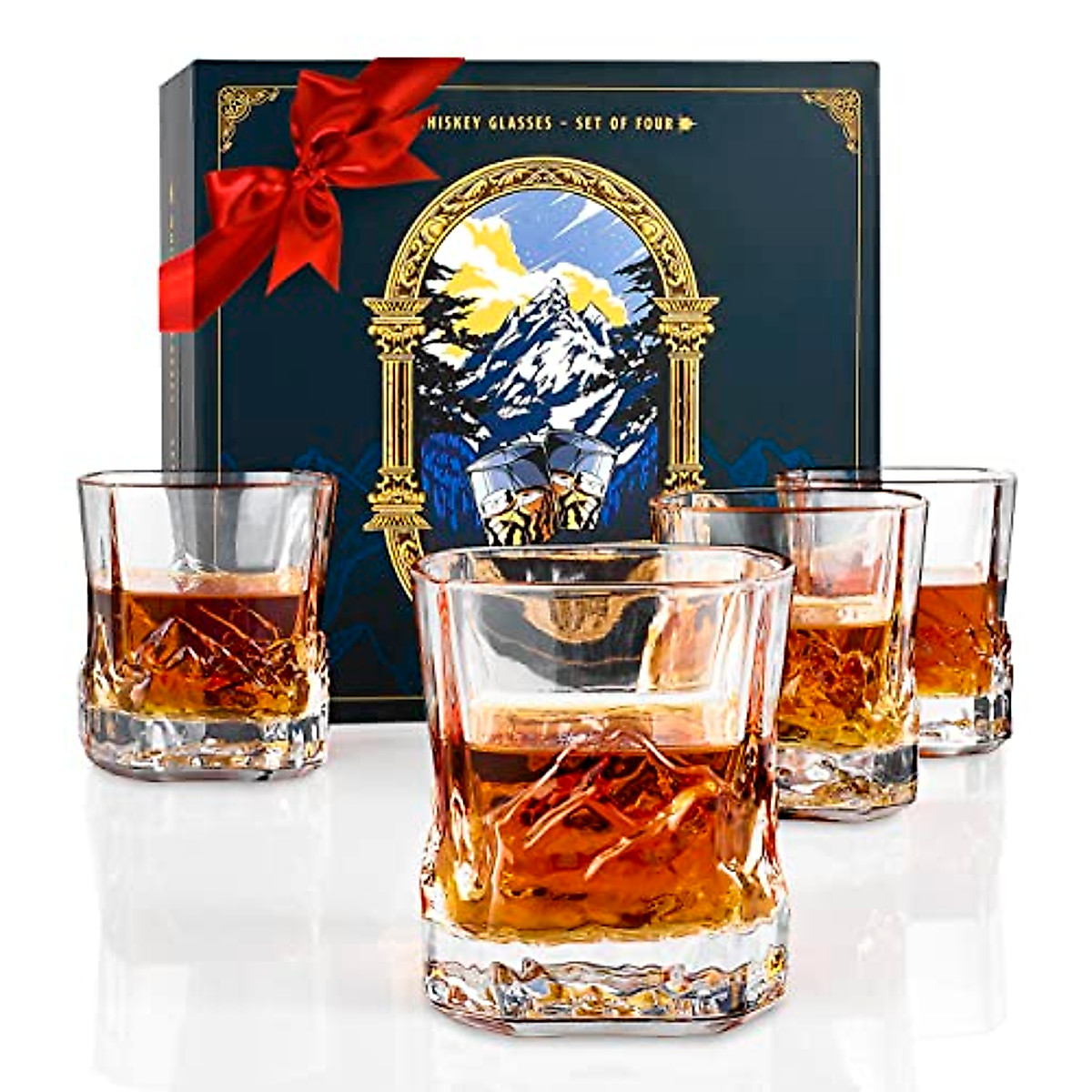 EdelweissPeak Bourbon Glasses Set of 4 in a Gift-Ready Box - Heavy Whiskey Glasses set of 4 with Mountains on Sides - Scotch Glasses Set 4 - mt Everest Expedition Whiskey Gifts for Men Series