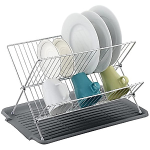 J&V TEXTILES Foldable Dish Drying Rack with Drainboard, Stainless Steel 2 Tier Dish Drainer Rack, Collapsible Dish Drainer, Folding Dish Rack for Kitchen Sink, Countertop, Cutlery, Plates (Gray)