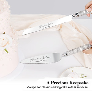 Wedding Cake Knife and Server Set, Personalized Cake Cutting Set, Engraved Elegant Cake Cutters With Sparkling Diamonds, Custom Pie Spatula and Cake Knife, Birthday Bridal Quinceañera Gift (Silver 3)