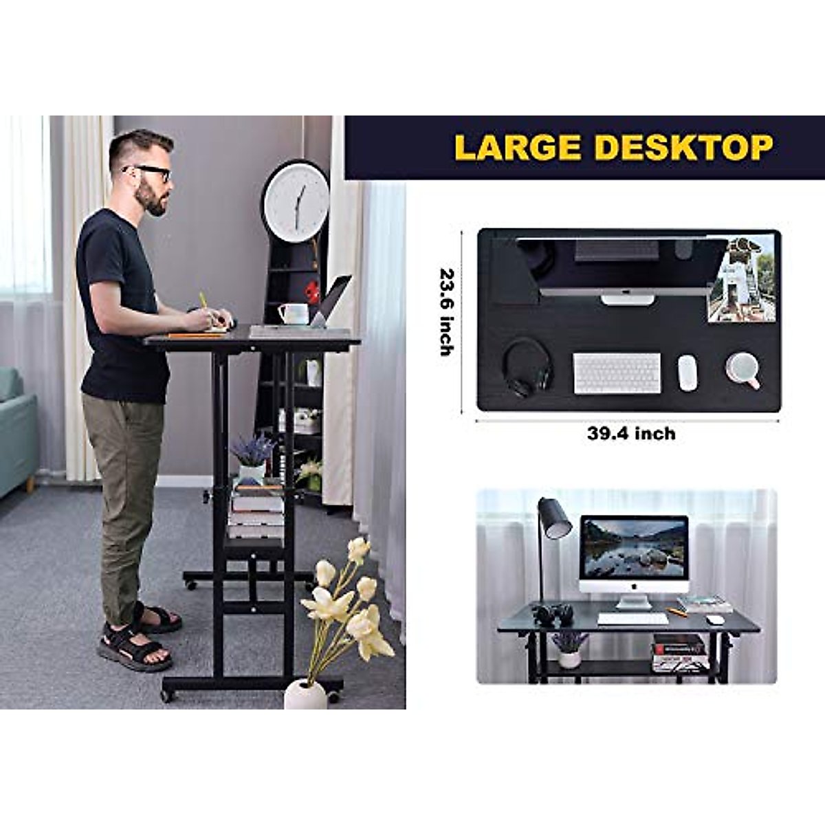 AIZ Mobile Standing Desk, Adjustable Computer Desk Rolling Laptop Cart on Wheels Home Office Computer Workstation, Portable Laptop Stand Tall Table for Standing or Sitting, Black, 39.4" x 23.6"