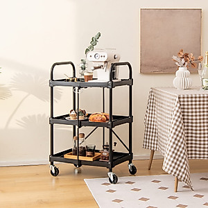 IRONMAX Folding Tool Cart on Wheels, Heavy Duty 3 Tier Foldable Utility Cart w/ 4 Universal Wheel & Compartments, Lightweight Collapsible Service Cart for Garage, Home, Office