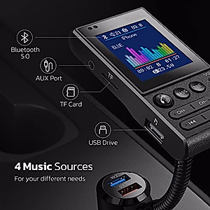 Nulaxy Bluetooth FM Transmitter, Enhanced Mic Aux Bluetooth Adapter for Car W 1.8” Color Screen, Car Bluetooth Adapter for Hands-Free Call, QC3.0 Fast Charge, Bass Treble Booster Audio Players-KM20