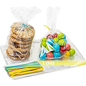 100 Pcs Clear Plastic Cellophane Bags Goodie Bags [6x10] - Party Favor Bags | 4" Twist Ties | Cookie Bags | Candy Bags | Clear Gift Bags | Treat Bags with Ties | Cellophane Treat Bags