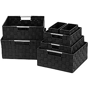 Sorbus Storage Box Woven Basket Bin Container Tote Cube Organizer Set Stackable Storage Basket Woven Strap Shelf Organizer Built-In Carry Handles (7 Piece - Black)