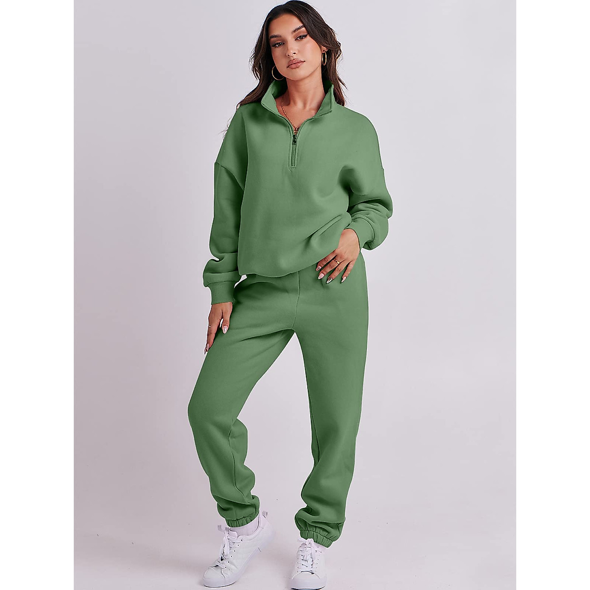 Prinbara Women 2 Piece Outfits Sweat Set 2024 Fall Oversized Sweatshirts Jogger Sweatpants Lounge Sets Tracksuit Dark Green Small