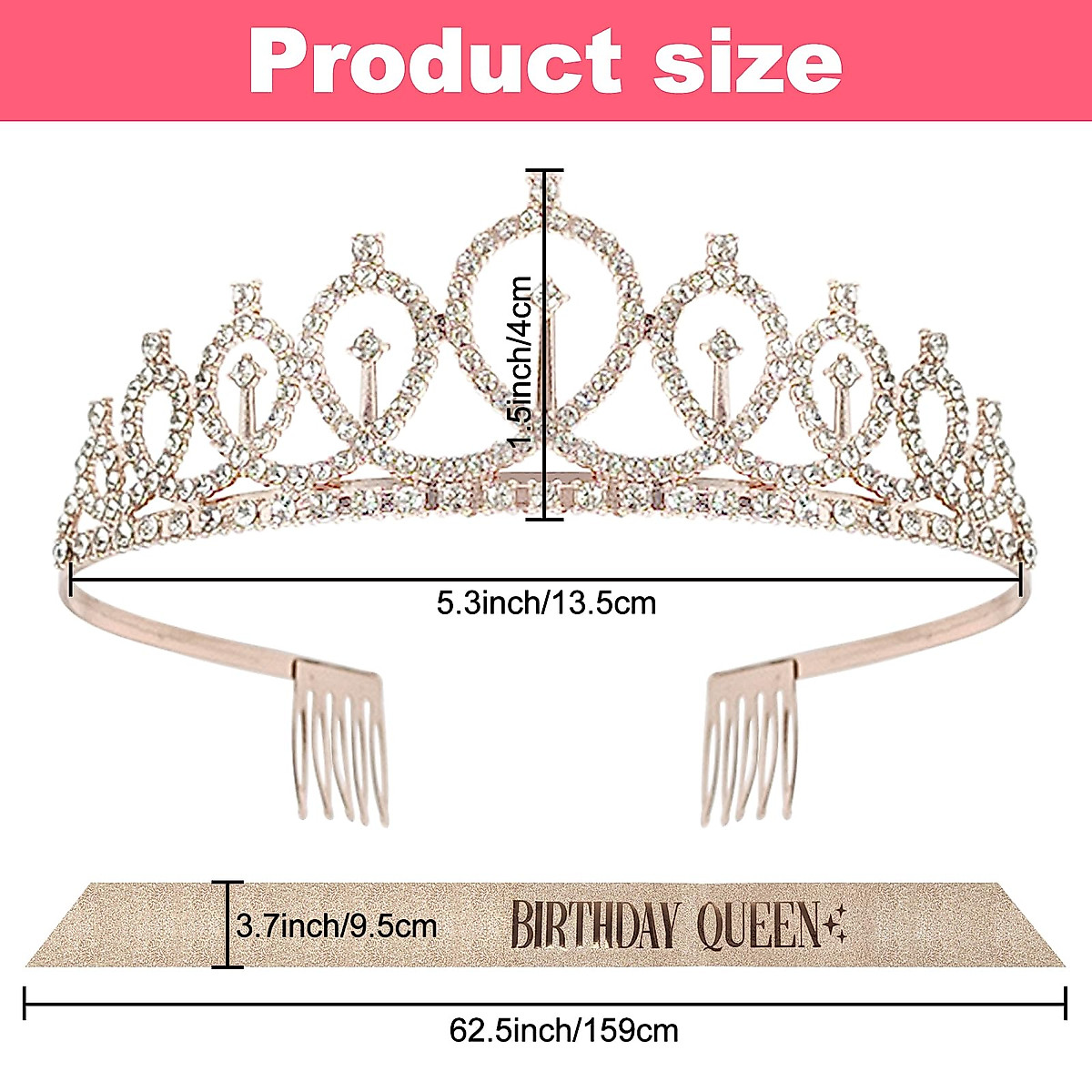 Foxtell Birthday Glasses Birthday Sash and Tiara for Women Rhinestone Crown and Sash for Girls Women Birthday Party Decoration Kit Crystal Glasses and Rose Gold Hair Accessories