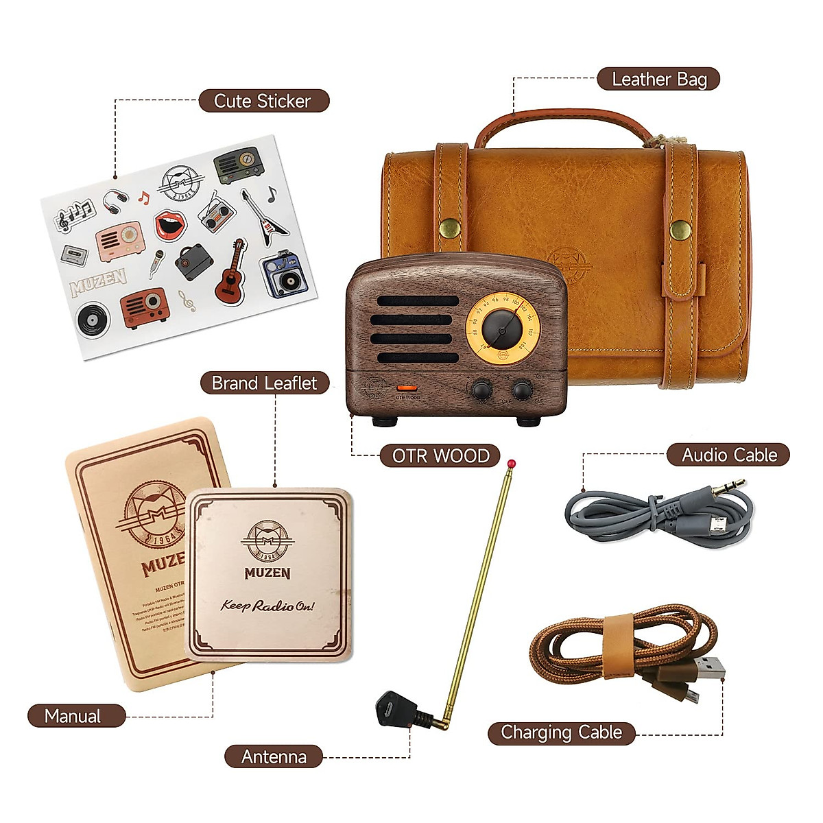 Muzen Portable Bluetooth Speaker, OTR Wood Vintage Small Wireless Speaker, FM Radio with Antenna AUX, 10h+ Long Playtime, High Fidelity Stereo Audio with Suitcase, for Gift Home Picnic