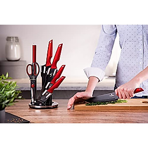 Berlinger Haus Kitchen Knife Set with Block, 8 Piece Knives Set for Kitchen, Cooking Knives with Kitchen Shears and Sharpener, Sharp Cutting Stainless Steel Chef Knife Set with Acrylic Stand, Red