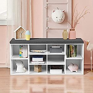 Giantex Shoe Storage Bench with Cushion, Entryway Shoe Rack Bench, Adjustable Shelves, 10-Cubbies Shoe Organizer Bench for Entryway, Living Room, Bedroom, Hallway, Closet, Mudroom (White)