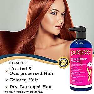 PURA D'OR Intense Therapy Shampoo (16oz) Repairs Damaged, Distressed, Over-Processed Hair, Infused with Select Natural Ingredients, Sulfate Free, All Hair Types, Men and Women
