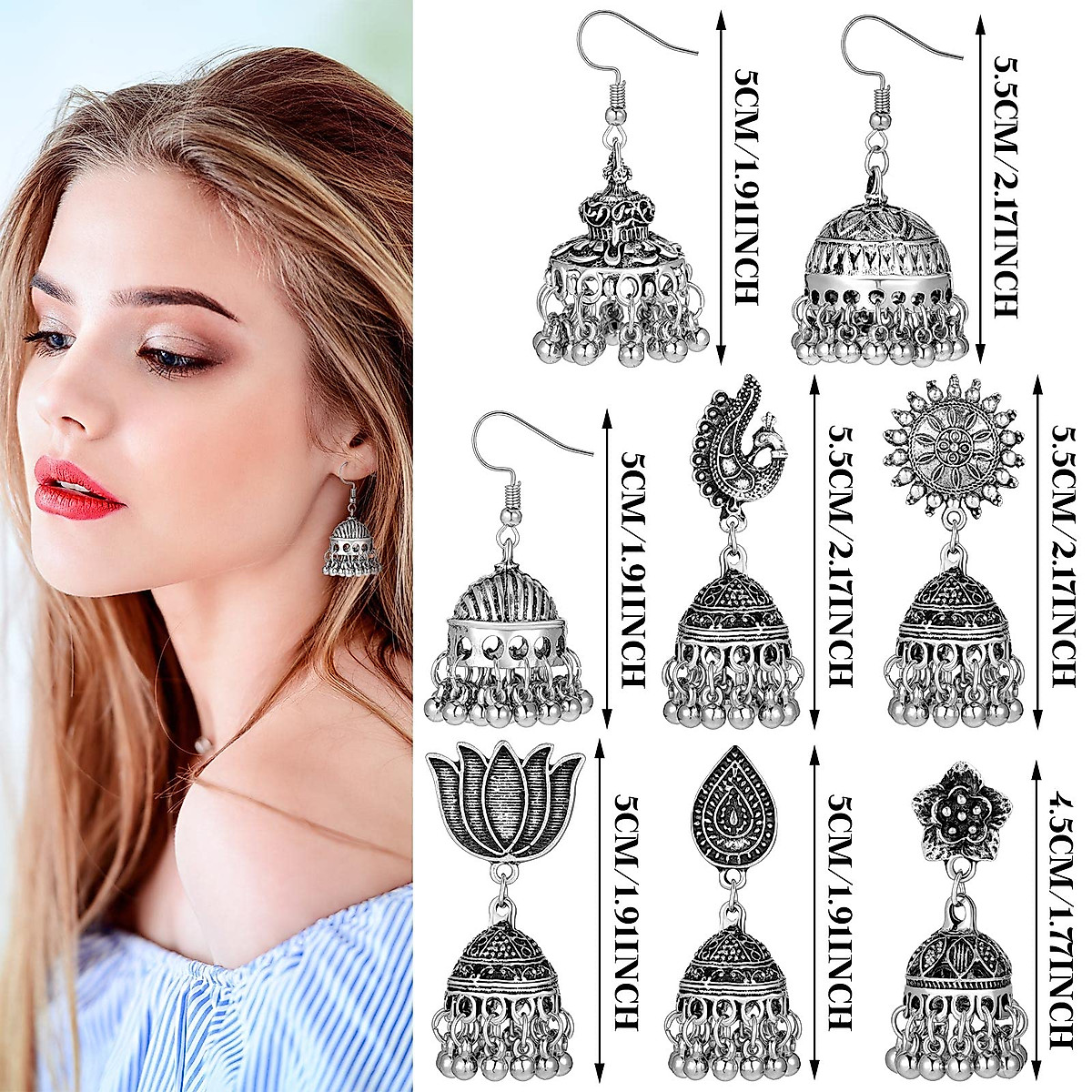 Glenmal 8 Pairs Jhumka Indian Earrings Bohemian Dangle Earring Retro Metal Hollow Earrings Chandelier Earrings Women(Vintage)