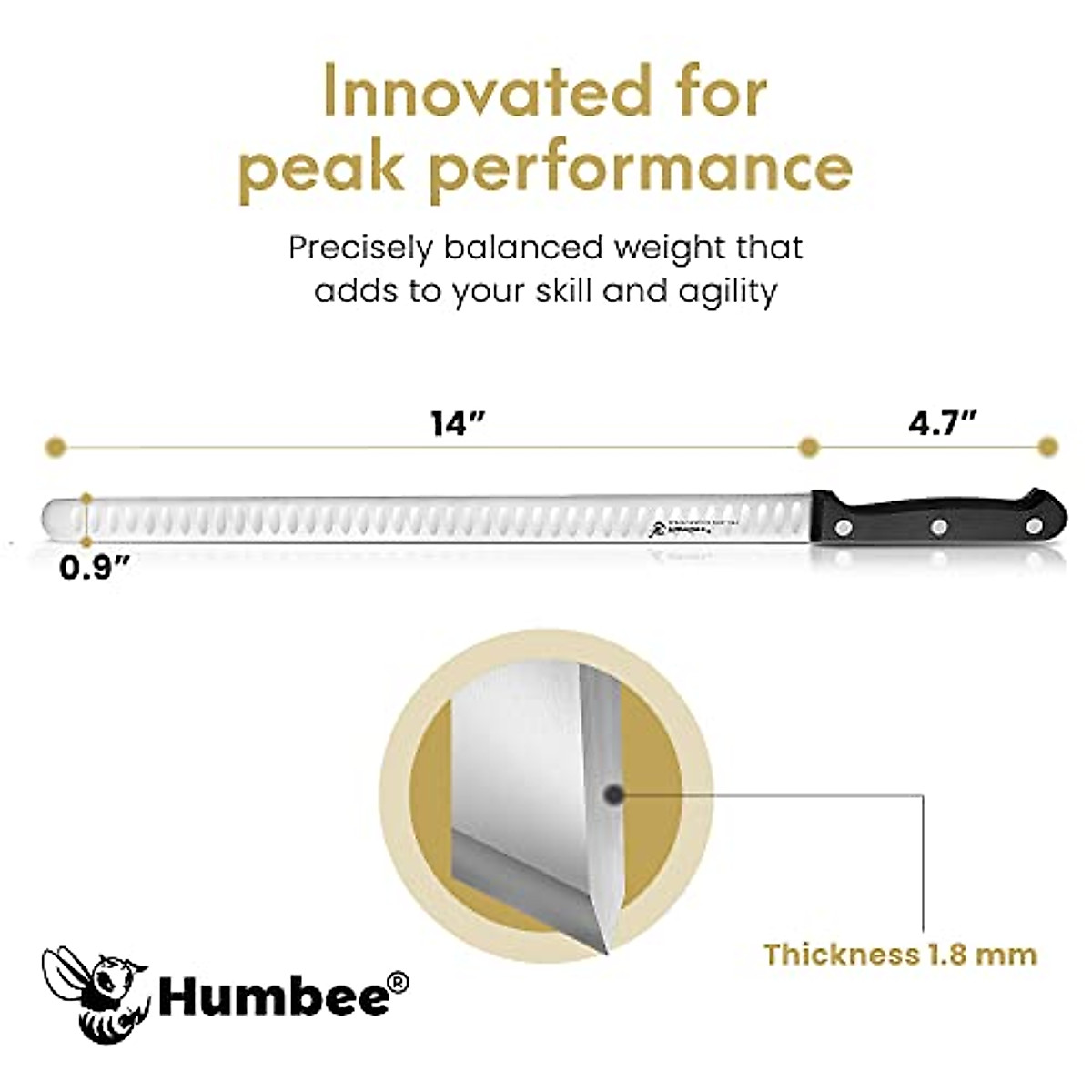 Humbee 14 inch Carving Knife Razor Sharp Blade with Granton Edge for Cutting Smoked Brisket, BBQ Meat, Turkey