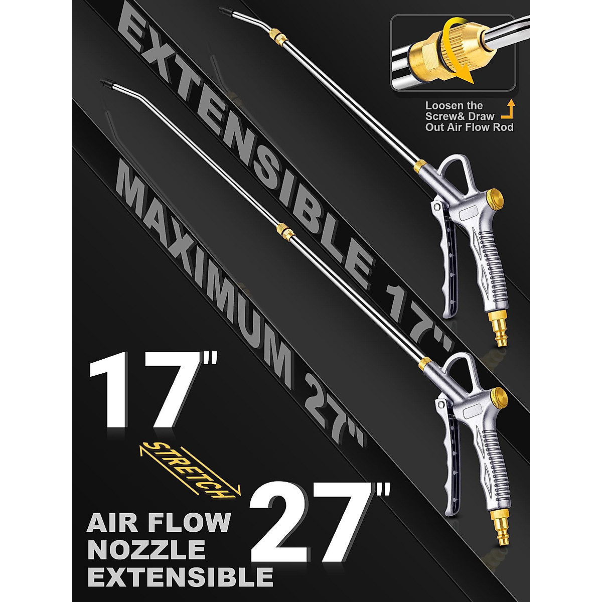 JASTIND Upgrade Air Blow Gun with Adjustable Air Blower Nozzle, Up to 27 Inches Extension with 4.9 Inches Steel Air Flow Nozzle, High Volume Pneumatic Dust Clean Tool for Air Compressor Accessory