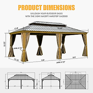 Domi 14' X 20' Hardtop Gazebo Large Outdoor Metal Gazebo with Galvanized Steel Double Roof Canopy, Wood Grain Aluminum Frame, Curtains and Netting for Patio, Deck, Garden