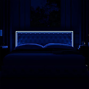 Keyluv Full Upholstered LED Bed Frame with 4 Drawers, Pu Leather Platform Storage Bed with Adjustable Button Tufted Headboard and Solid Wooden Slats Support, No Box Spring Needed, White