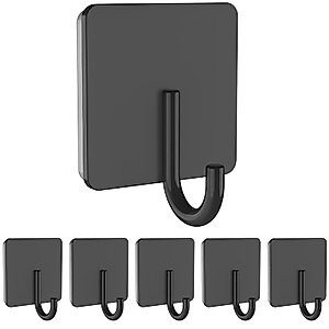 Docrok 6 Pack Stainless Steel Heavy Duty Adhesive Towel Hooks for Bathrooms, Kitchen Towel Hooks, Waterproof Bathroom Hooks for Towels, Wall Hooks for Hanging, Adhesive Shower Coat Hook, Black