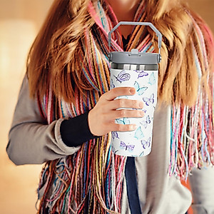 Hachishun Butterfly Tumbler with Handle,Stainless Steel Vacuum Insulated Flip Straw 20oz Butterfly Tumbler Spill Proof Coffee Travel Mug Butterfly Gifts