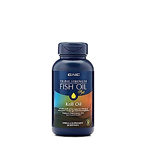 GNC Triple Strength Fish Oil Plus Krill Oil | Includes Krill Oil for Superior Omega-3 Absorption, Supports Heart, Brain, Skin, Eye, and Joint Health | 60 Softgels