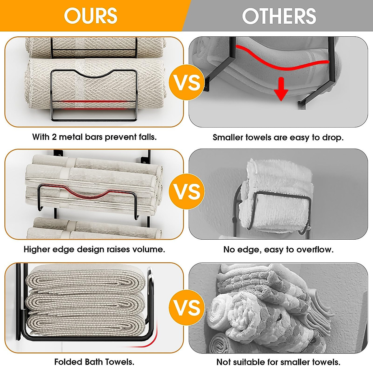 Towel Racks for Bathroom,Towel Rack Wall Mounted, 6 Tier Rolled Or Folded Towel Holder with Floating Shelves, Bathroom Towel Holder for Bath, Hand Towels,Metal and Wood