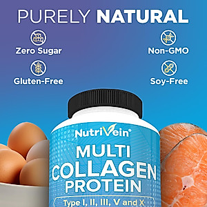 Nutrivein Multi Collagen Pills 2250mg - 180 Collagen Capsules - Type I, II, III, V, X - Anti-Aging, Healthy Joints, Hair, Skin, Bones, Nails, Hydrolyzed Protein Collagen Peptides for Woman and Men