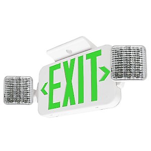 LFI Lights | Combo Green Exit Sign with Emergency Lights | White Housing | All LED | Two Adjustable Square Heads | Hardwired with Battery Backup | UL Listed | 2 Pack | COMBO2-G-W-BB-2