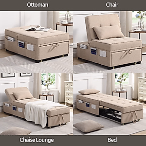 Cynefin Futon Chair with Lumbar Pillow and 3 Side Pockets, Sofa Bed Chair, Convertible Chair Sleeper Bed, 4 in 1 Ottoman Bed Tufted Fabric(70.8 x 26.3 x 16.4 inches, Beige)