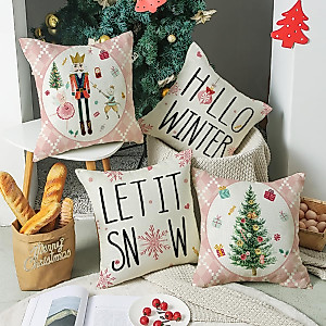 wyooxoo Christmas Pillow Covers 20x20 Set of 4 Christmas Tree Pink Throw Pillow Covers Cushion Cases Winter Decorative Farmhouse Pillowcases for Sofa Couch Living Room Home Decor (20" x 20", Pink)
