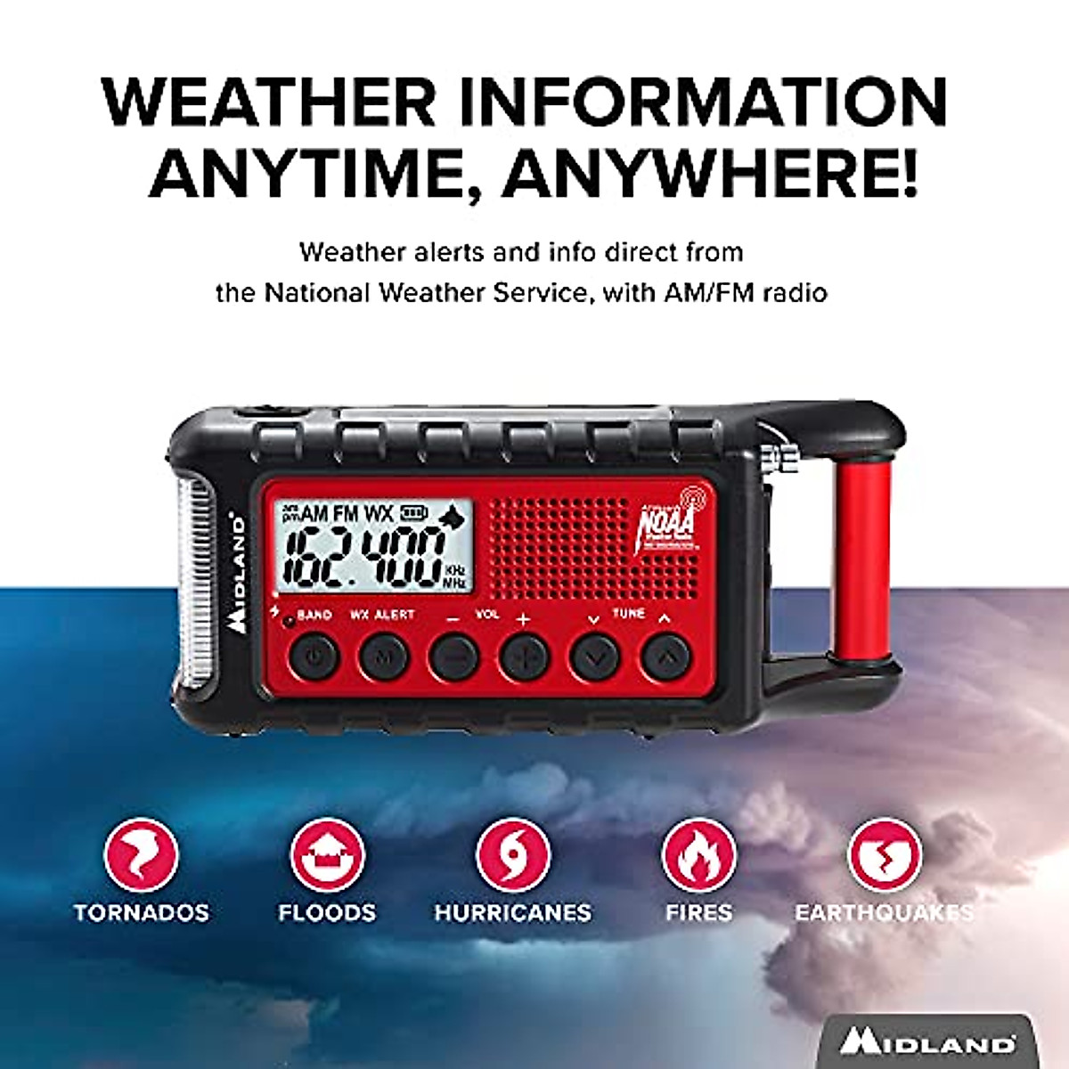Midland - ER310, Emergency Crank Weather AM/FM Radio - Multiple Power Sources, SOS Emergency Flashlight, Ultrasonic Dog Whistle, & NOAA Weather Scan + Alert (Red/Black)