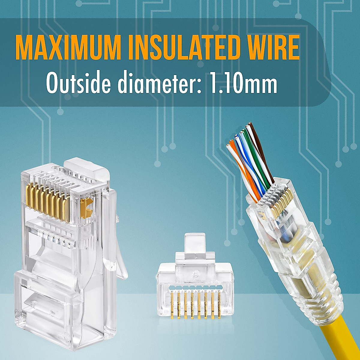 Everest Media Solutions RJ45 Cat6 Pass Through Connectors and Strain Relief Boots - Pack of 100/100 - EZ to Crimp Modular Plug for Solid or Stranded UTP Network Cable - Male Ethernet Connector End