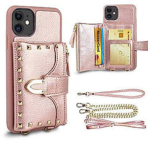 ZVE iPhone 12 and iPhone 12 Pro Wallet Case,iPhone 12 Pro/iPhone 12 Case with Zipper Card Slot Holder Crossbody Shoulder Chain Leather Handbag Purse for Apple iPhone 12 Pro/iPhone 12 6.1" - Rose Gold