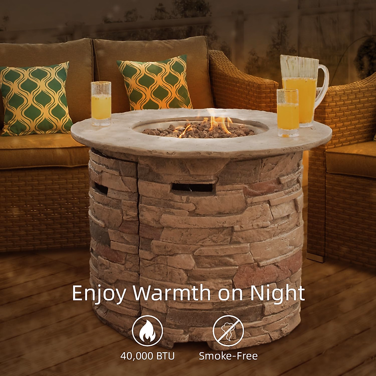 SUNBURY Outdoor Fire Pit Propane Round Fire Pit Table Fire Column, Stonecrest 40,000 BTU Gas Fire Pits for Outside w Lava Rocks, Waterproof Cover