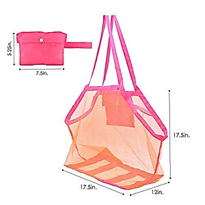 Beach Toy Bag - Large Mesh Tote for Kids Sandy Toys, Reusable & Foldable with Pouch for Pool, Towels, Bath Storage, Seashells, Travel & Vacation, Durable Waterproof and Washable - 17.5x17.5x10
