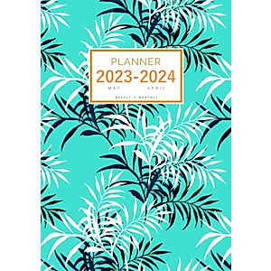 Planner 2023-2024: A5 Small Weekly and Monthly Organizer from May 2023 to April 2024 | Dark-Light Tropical Plant Leaf Design Turquoise