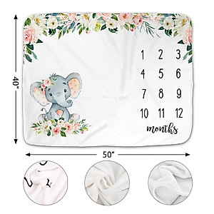 Girl Elephant Baby Monthly Milestone Blanket, Safari Elephant Baby Growth Chart Month Blanket, Watch Me Grow Baby Girl Floral Elephant Nursery Gift for New Moms Baby Shower, Includes Marker (50"x40")