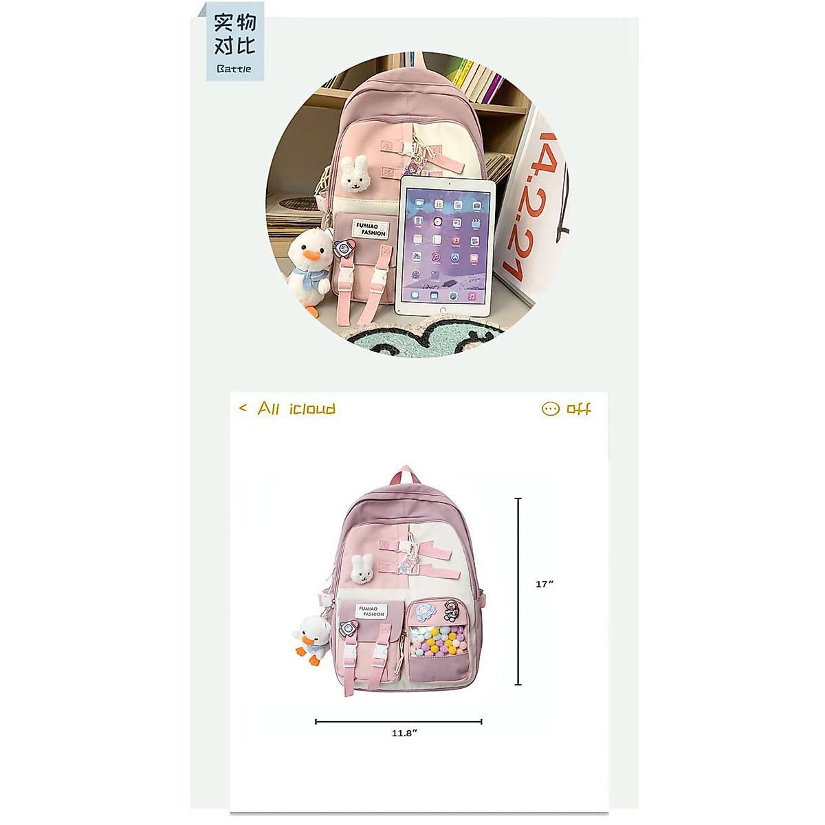 MWZING Kawaii Backpack with Cute Pin Accessories Plush Pendant Kawaii Cute Aesthetic Backpack GREEN