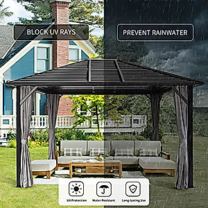 GARTOO 10' x 12' Patio Hardtop Gazebo - Outdoor Metal Hard Top with Fully Enclosed Zip Curtain & Breathable Mesh, Galvanized Steel Top Gazebo for Garden, Lawn, Outdoor Party (Black)