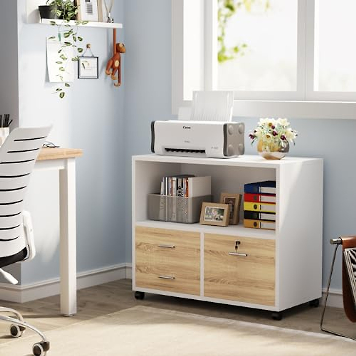 Tribesigns 3 Drawer File Cabinet with Lock, Mobile Lateral Filing Cabinet with Rolling Wheels, Large Printer Stand with Open Storage Shelves for Home Office