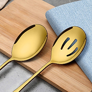Homikit Stainless Steel 4 Gold Serving Spoons, 4 Gold Slotted Serving Spoons, Metal Buffet Dinner Party Banquet Restaurant Catering Serving Utensils, Mirror Polished, Dishwasher Safe