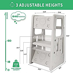 Nursery Kitchen Step Stool w/ 3 Adjustable Heights Toddler Standing Tower Kids Learning Stool w/Double Safety Rails & Non-Slip Foot Pads Cooking Stool Stand Helper Bathroom Counter Footstool (Grey)