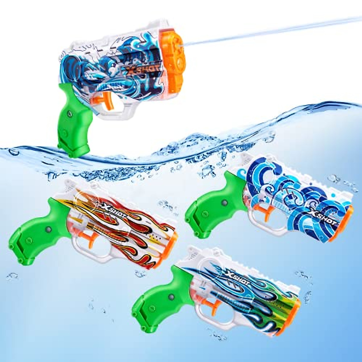 X-Shot Water Fast-Fill Skins Nano (4 Pack) by ZURU Refresh Watergun, XShot Water Toys, 4 Blasters Total, Fills with Water in just 1 Second! (Hydra, Waves, White Flame, Emerald Flame)