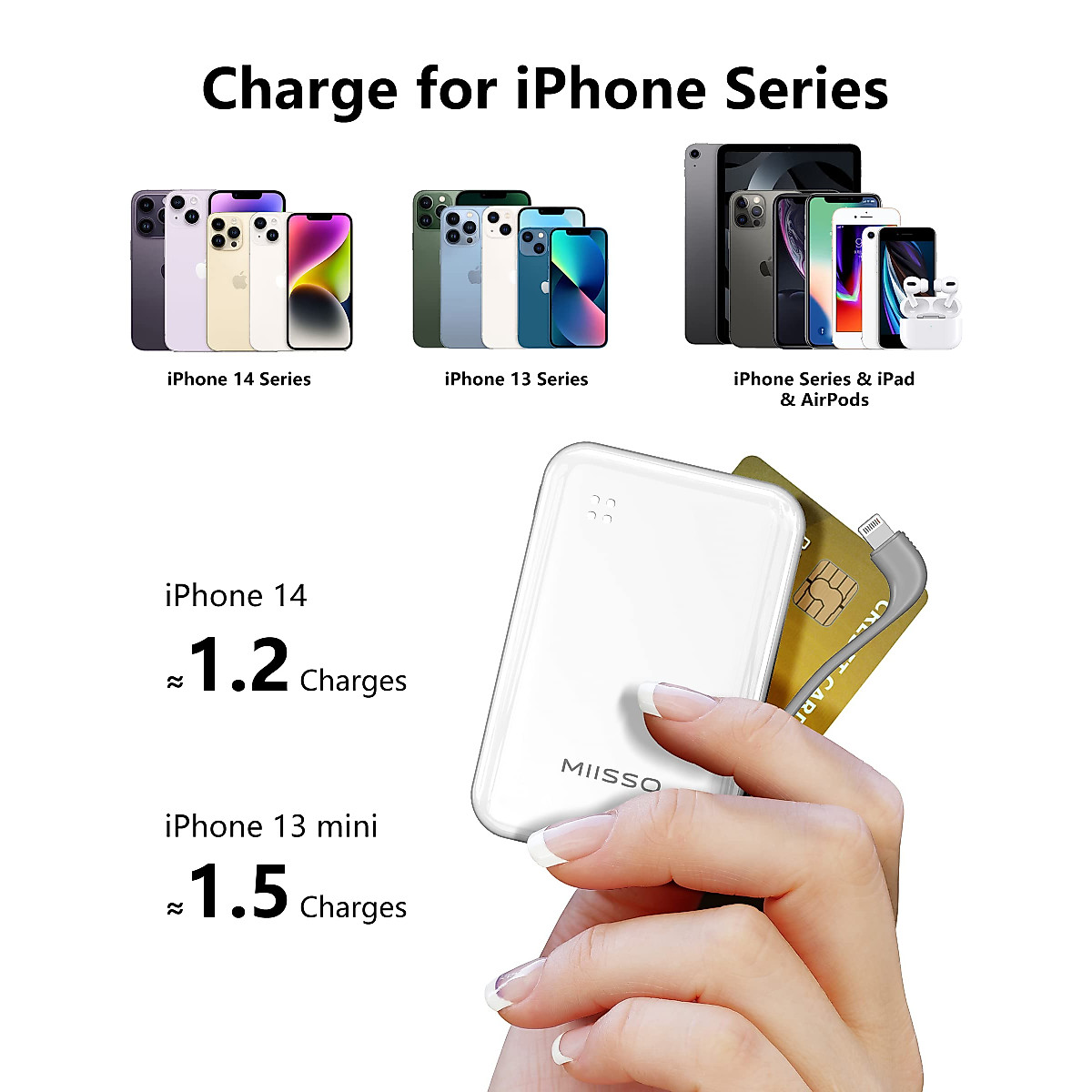 REDISONA Small Portable Charger 4500mAh Power Bank with Built-in Cable, Mini External Battery Pack Compatible with iPhone 14/14 Pro/14 Plus/14 Pro Max/13/12/11/X/8/7/6 Airpods, White