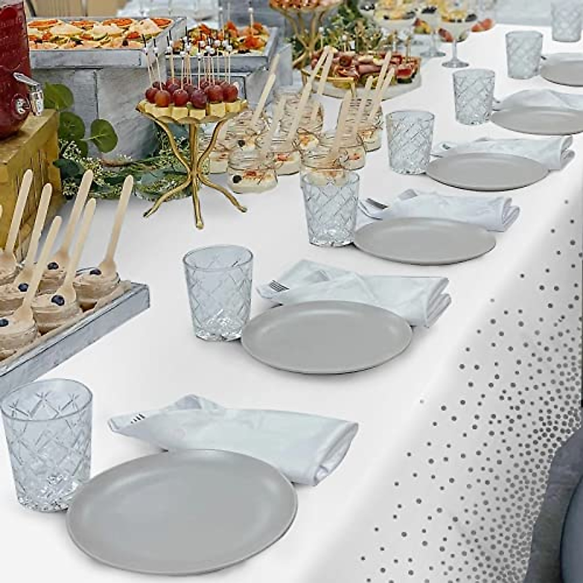 Paready White Silver Plastic Tablecloth 4 Pack 54" x 108", White Disposable Tablecloth with Silver Dot Confetti, Rectangular Plastic Table Cover for Parties, Birthday, Wedding, Graduation, Anniversary