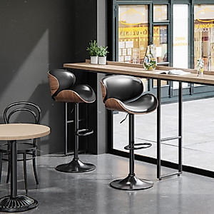 ONME Bar Stools Set of 2, Adjustable Height Swivel Bar Stools, PU Leather Upholstered Bar Chair with Back and Footrest for Bar, Kitchen, Dining Room, Dark Black