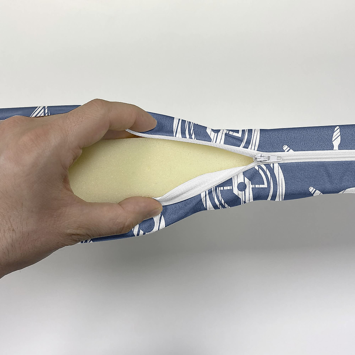 Ambesonne Sailboat Bench Pad, Diagonal Hatched Nautical Elements Ship's Wheel Anchor and Marine Animals, Standard Size HR Foam Cushion with Decorative Fabric Cover, 45" x 15" x 2", White Blue