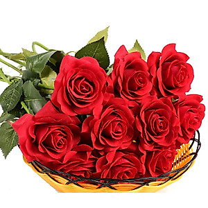 Artificial Roses Fake Silk Flowers Real Touch Long Stem for Wedding Party Home Office Outdoor Craft Decoration, Pack of 10 (Red)