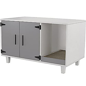 GDLF Modern Wood Pet Crate Cat Washroom Hidden Litter Box Enclosure Furniture House as Table Nightstand with Scratch Pad,Stackable (Gray & White)
