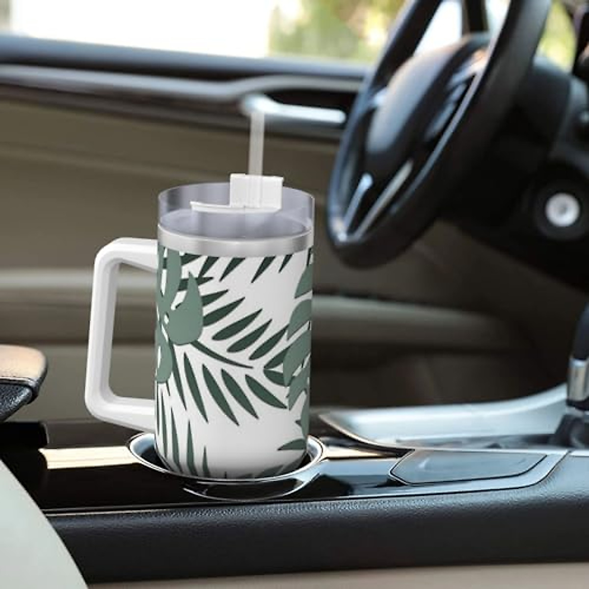 Xiexide 40oz Rustproof Outdoor Green Botanical Palms Leaves Double Walled Vacuum Insulatedith Handle And Straw,Hot & Cold Drinks