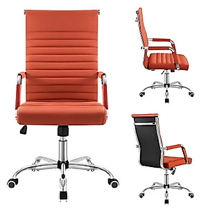 Modern Office Chair Mid-Back PU Leather Executive Conference White Office Desk Chair Adjustable Swivel Chair Desk with Arms White Desk Chair with Wheels Silla de Escritorio (Orange)